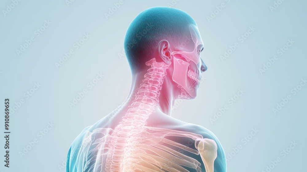 Detailed side view anatomical illustration of the human neck and spine ...