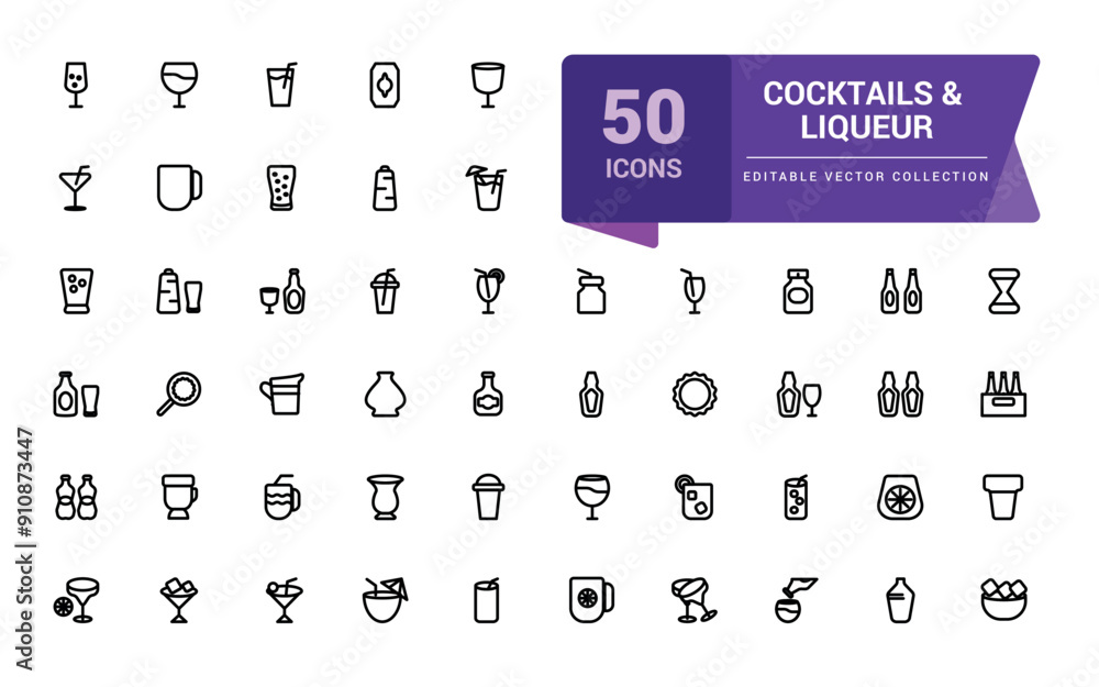 Cocktails and Liqueur icon set. Set of Bar and Nightclub outline ...