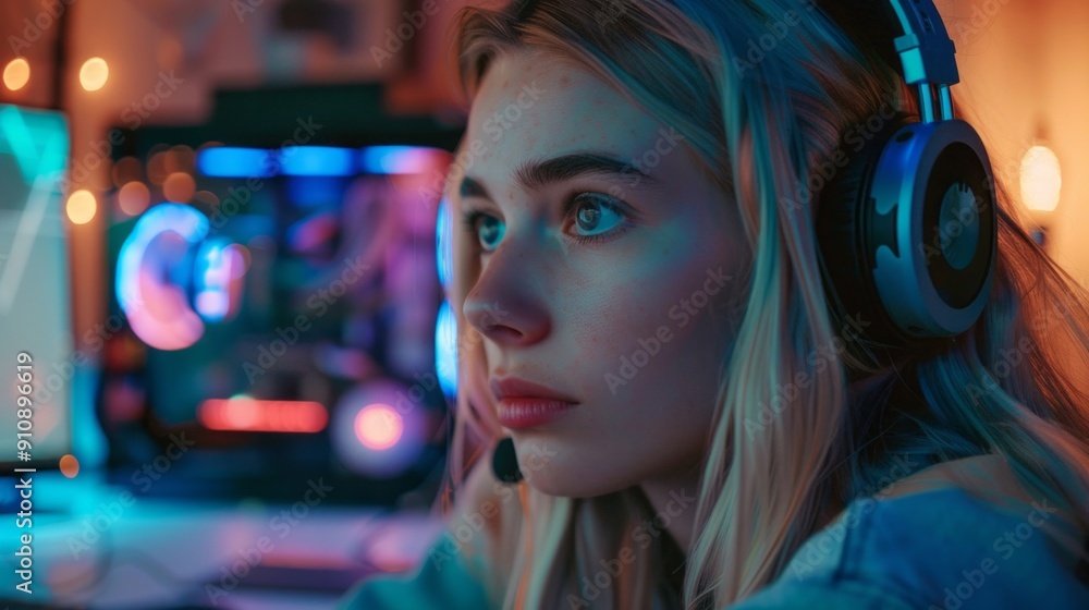 beautiful blonde girl with headphones on sitting infront of a computer ...