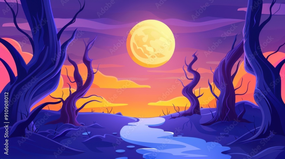 Wander a haunted path through twisted trees under a bright full moon in ...