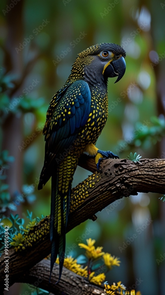 Full-body portrait of a Hyacinth macaw demigod in a magical space realm ...