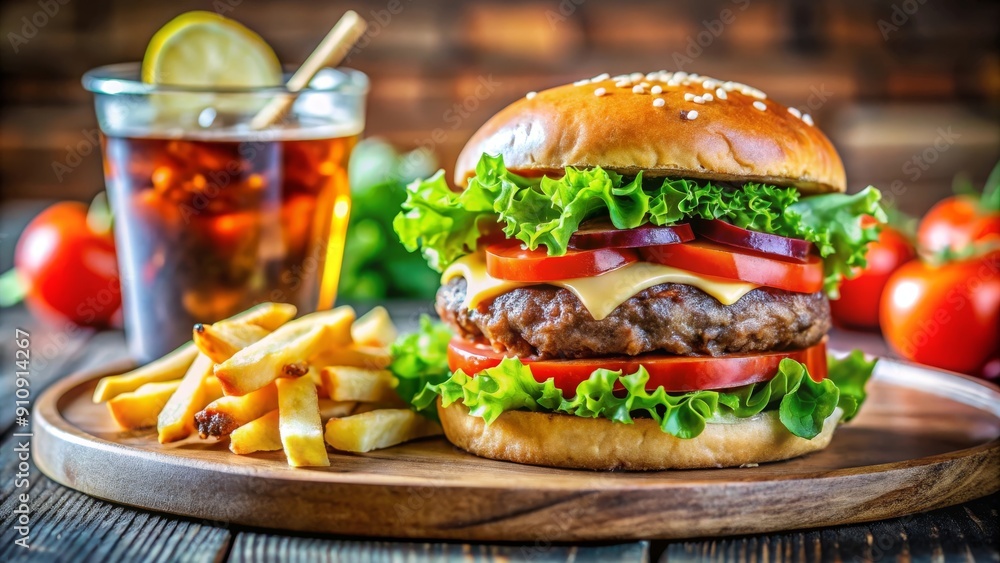 Un suculento cheeseburger con lechuga, tomate, y papas fritas ...
