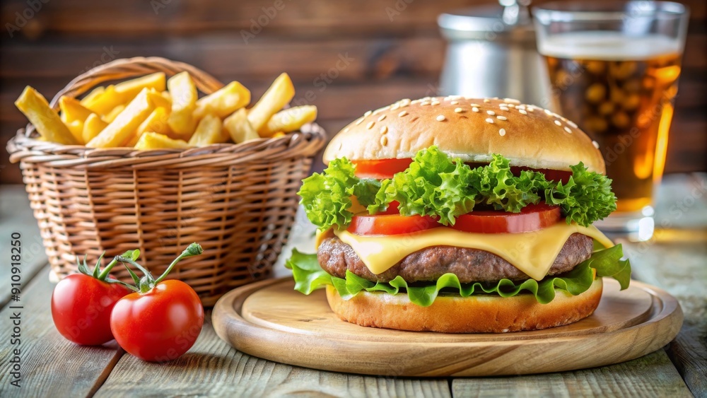 Jugosa hamburguesa con queso cheddar, lechuga y tomate servida con ...