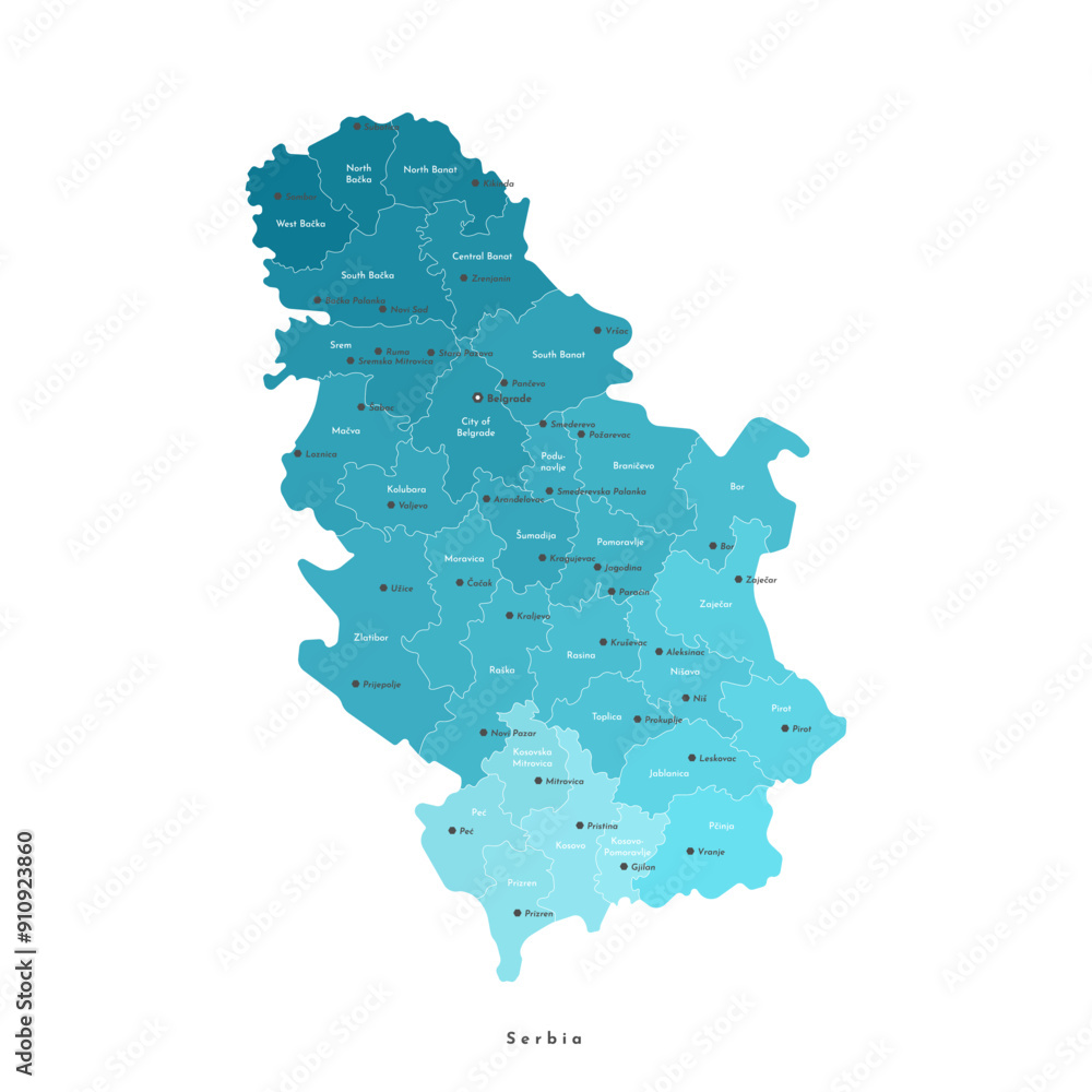 Vector isolated illustration. Simplified administrative map of Serbia including Kosovo. White ...