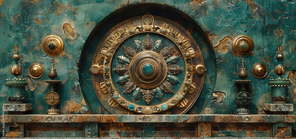 Intricate ancient artifact with circular design and ornate gold details ...