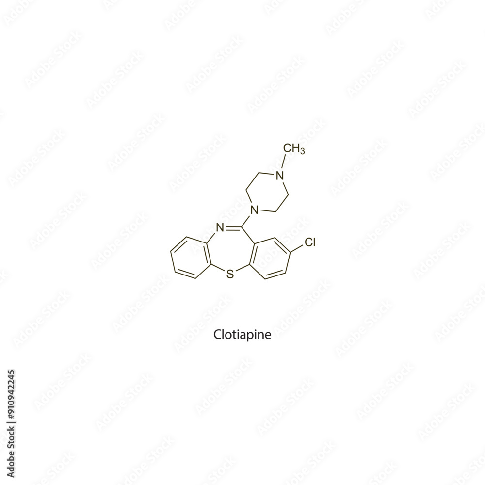 Clotiapine flat skeletal molecular structure Antipsychotic drug used in ...