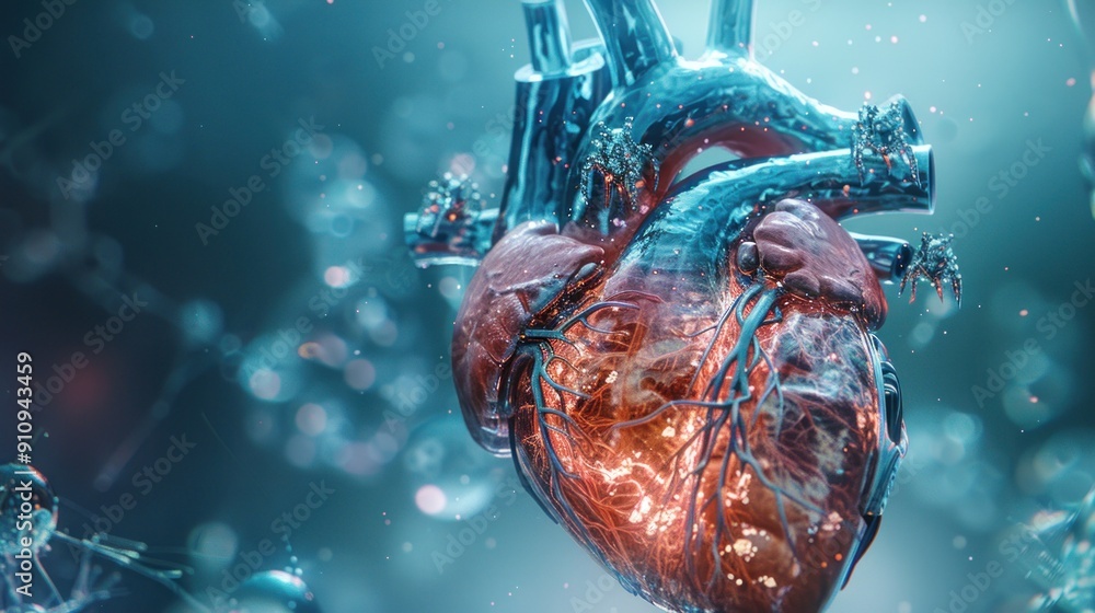 3D holographic image of human heart with translucent layers showing ...