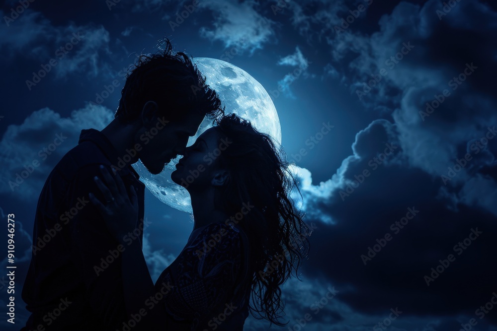 A romantic scene showing a couple deeply connected under the bright ...