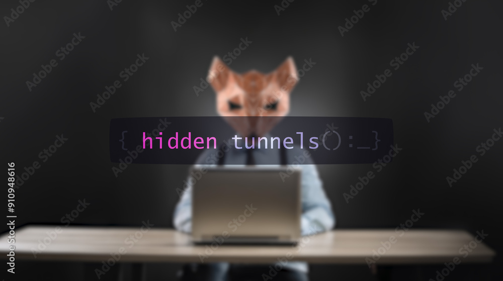 Cybersecurity concept hidden tunnels on foreground screen, hacker silhouette hidden with low ...