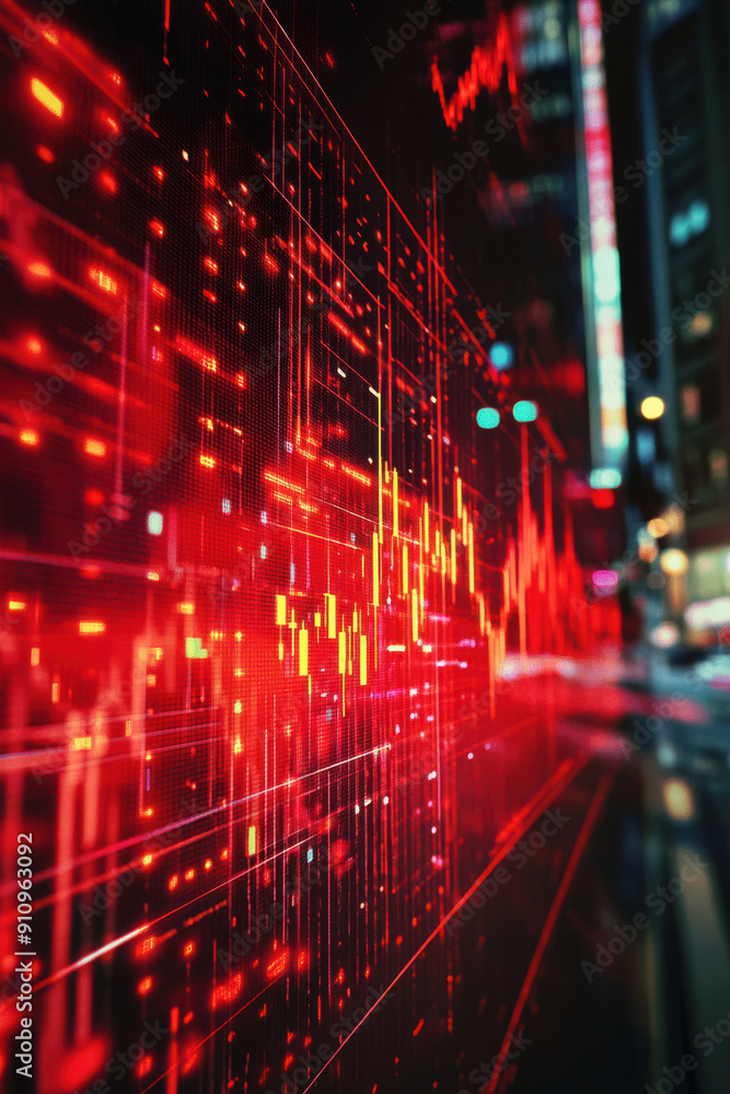 Stock market, A translucent downward-pointing arrow overlaying a bright ...