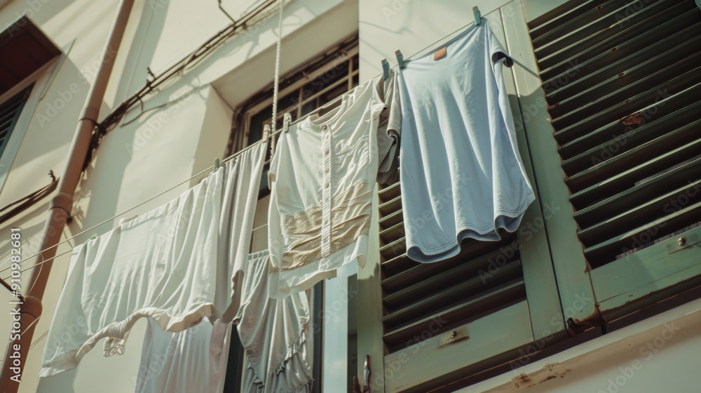 Clothes in various shades of blue gently sway on a drying line against ...