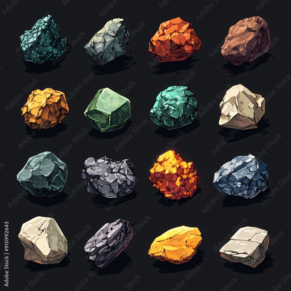 Digital illustration of various types of asteroids arranged in a ...