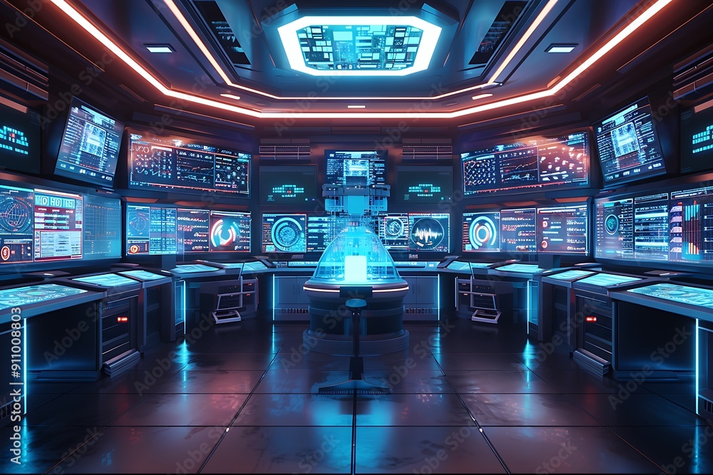 A cyber-security control room with multiple screens displaying real-time data, holographic ...