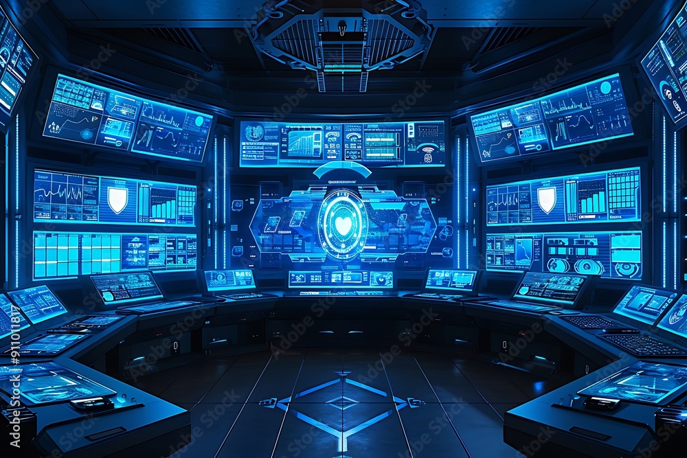 A cyber-security control room with multiple screens displaying real ...