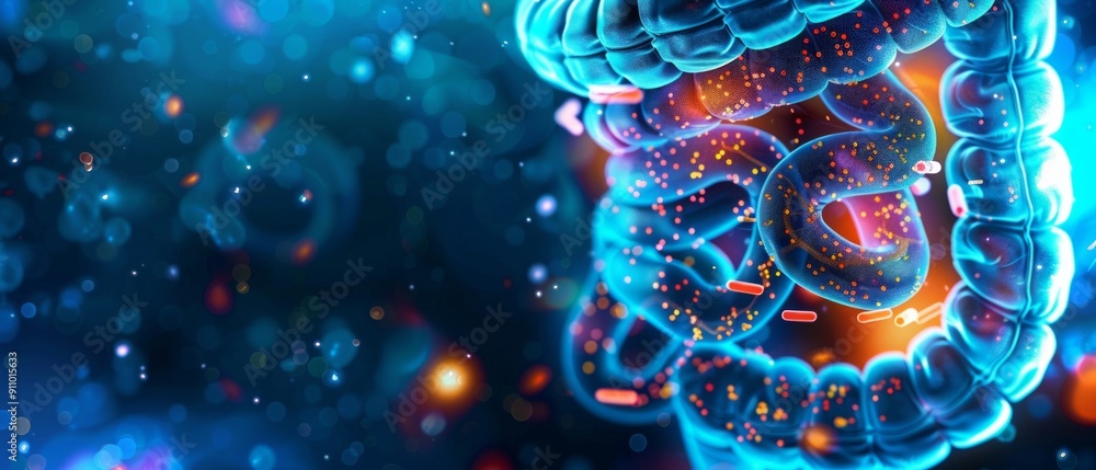 Abstract 3D illustration depicts large intestine microenvironment with ...