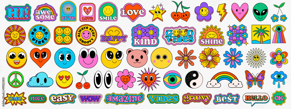 Set Of Cool Y2k Stickers Vector Design. Collection Of Groovy Patches ...