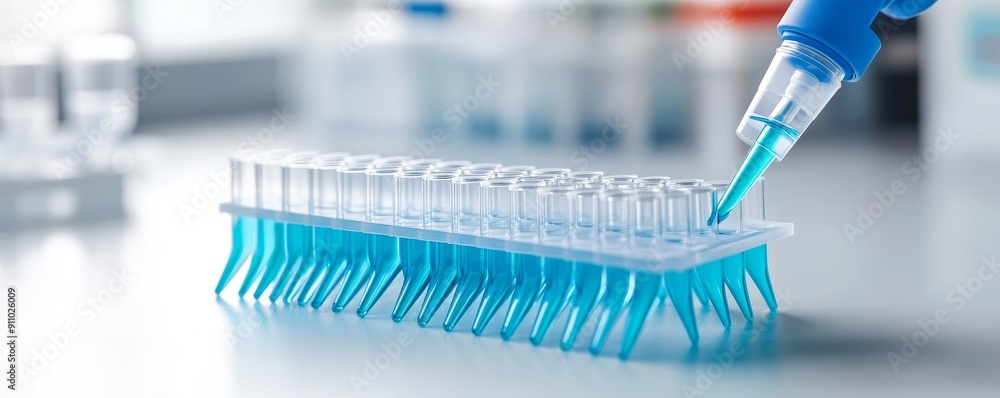 96-well test plate and 8-channel pipette. Genetic laboratory research ...