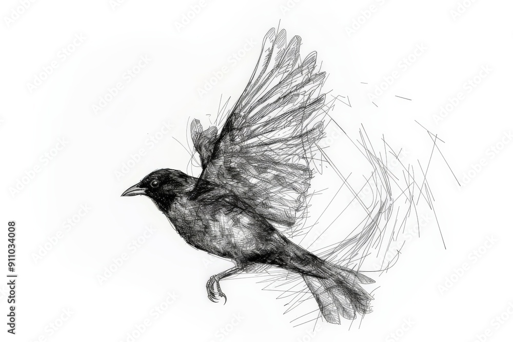 This bold sketch captures a bird in full flight, highlighting its ...