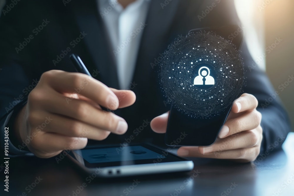 Businessman using a smartphone with a digital user profile icon ...