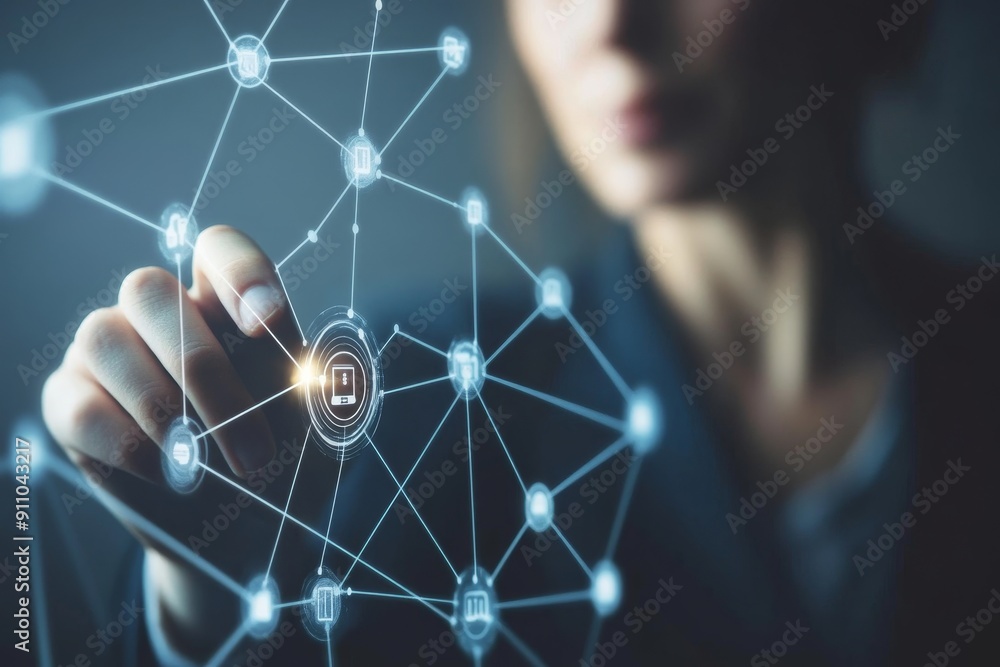 Professional interacting with a virtual network icon on a digital ...