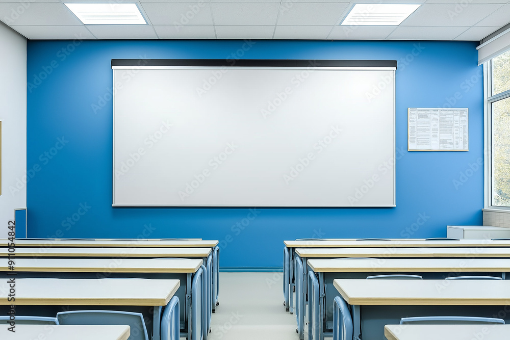 The blank whiteboard in the classroom, white board with frame on wall ...