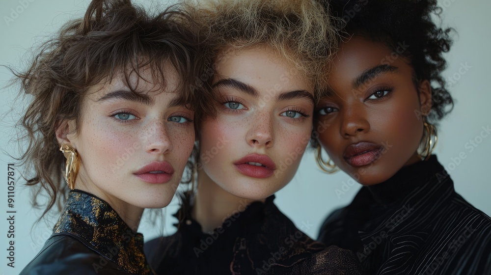 Three beautful fashion models of different races with natural makeup on ...