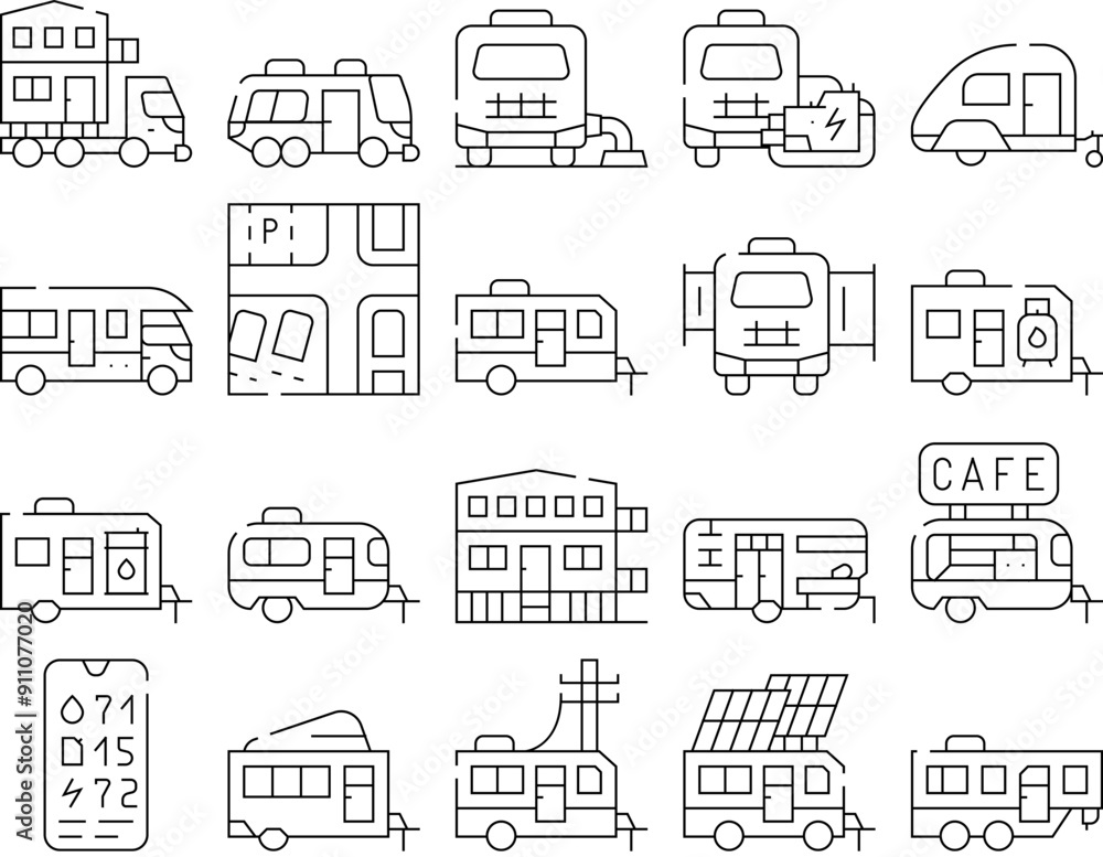 Modular House Trailer Collection Icons Set Vector. House With Pull-out ...