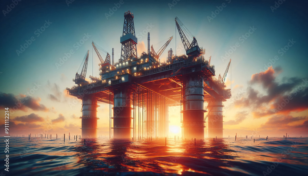 Jack-up Rig. High-detail illustration of a jack-up oil rig at sea, with ...