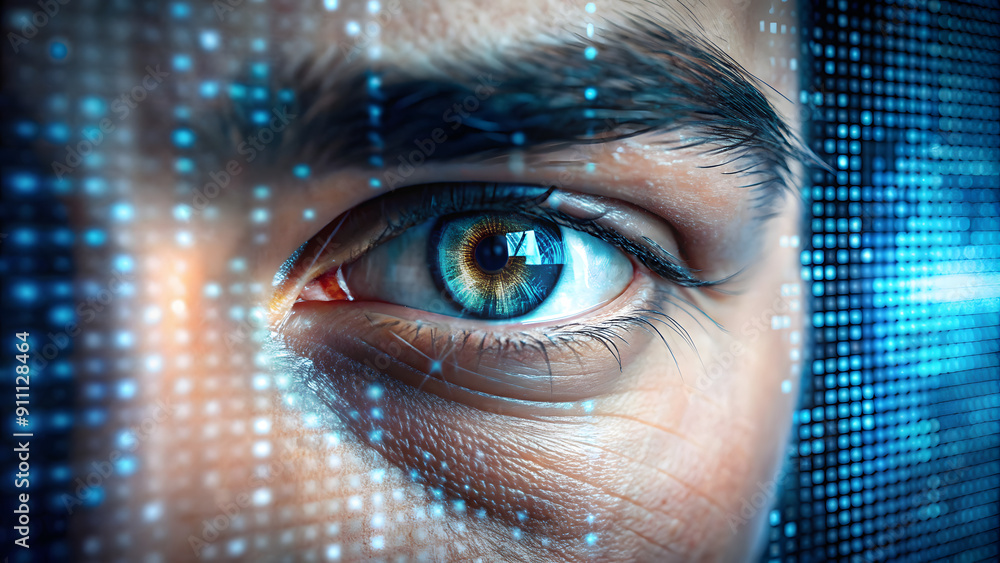 A close-up of a person's eyes, reflecting digital data and binary code instead of natural ...