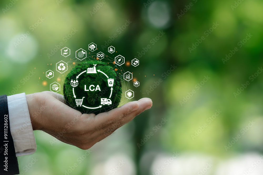 LCA, Life cycle assessment concept.Business man holding a green earth ...