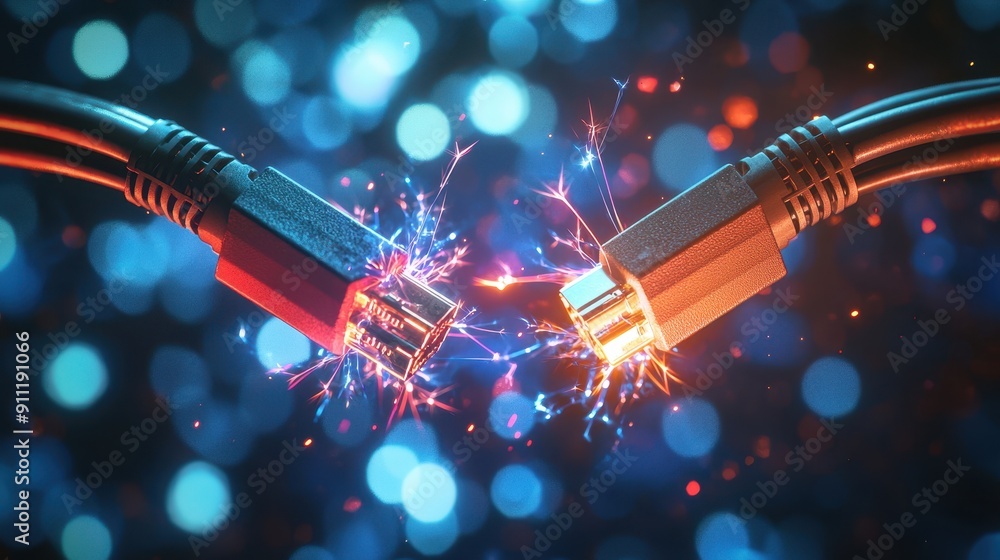 Two Ethernet cables with sparks flying between them against a bokeh background. Stock ...