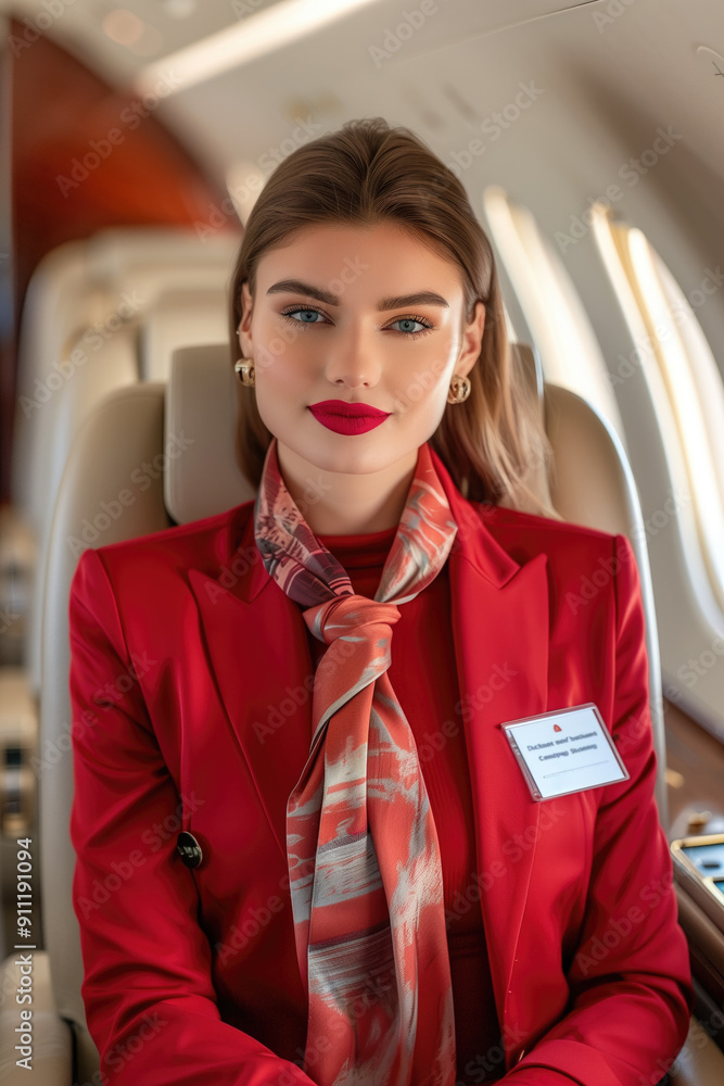 Professional young female chief flight attendant in red blazer with ...