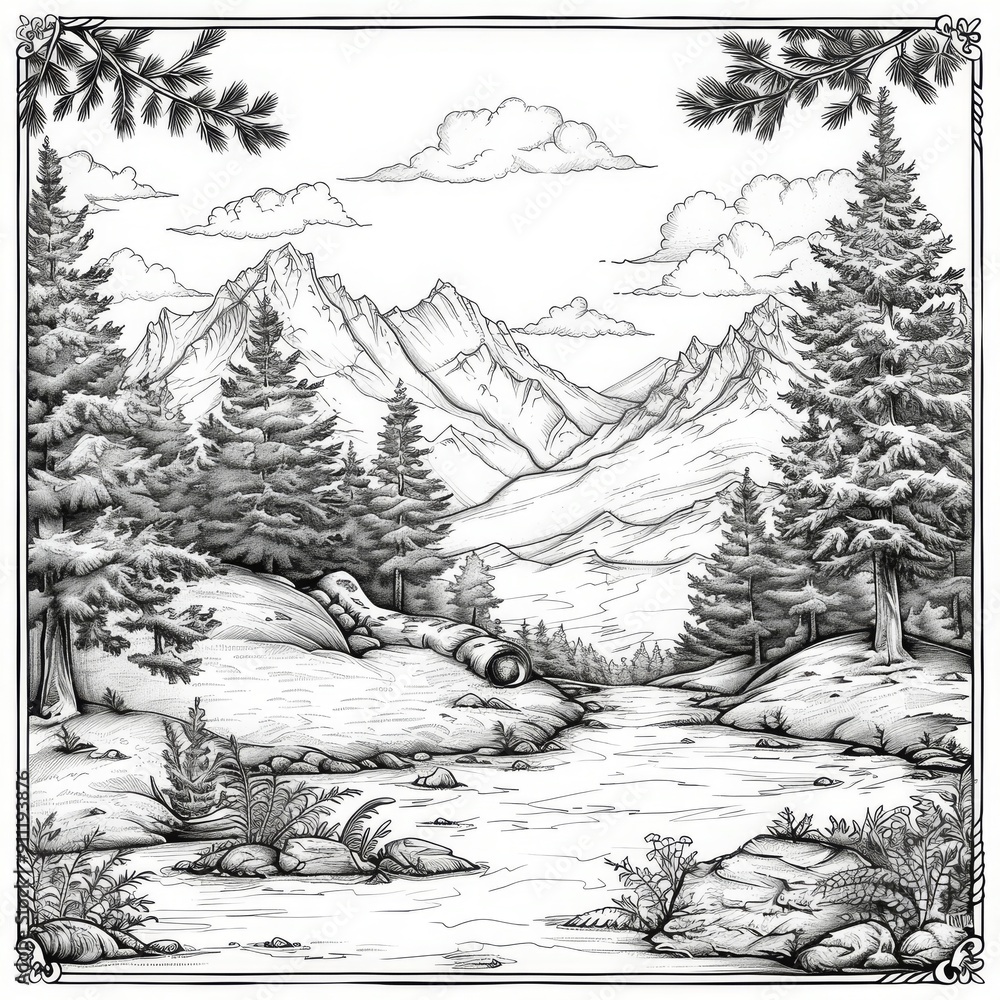 coloring page landscape , black line landscape coloring page , detailed ...
