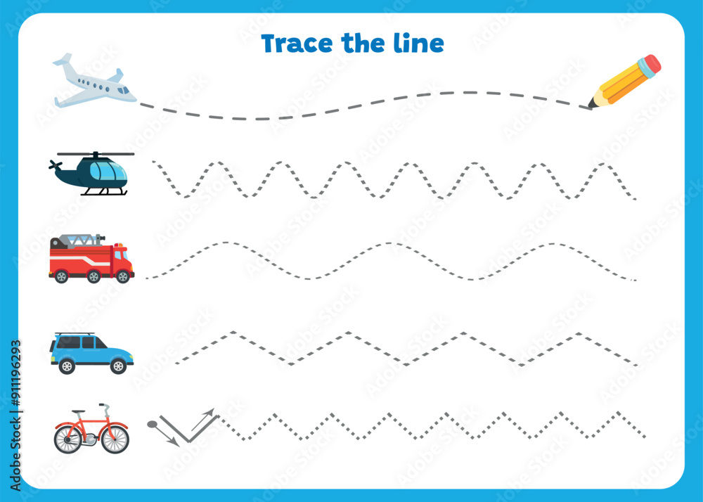 Trace line page game for kids with vehicles. Preschool or kindergarten ...