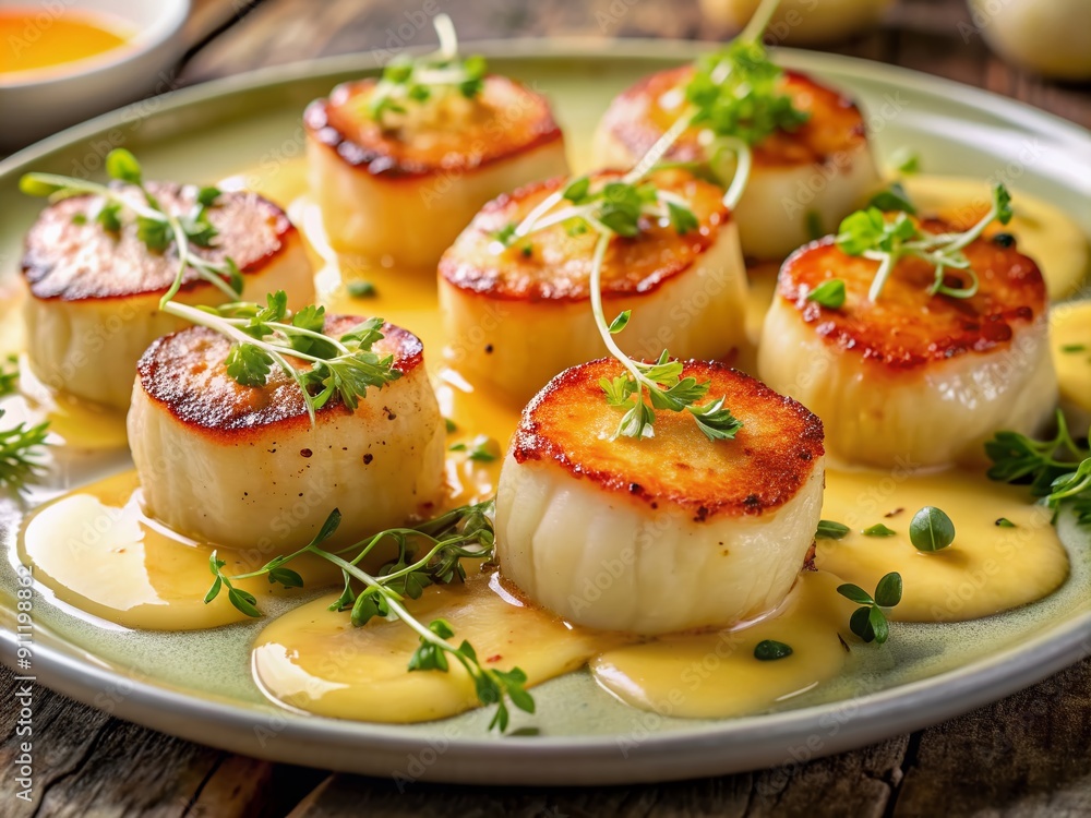 Freshly seared scallops rest on a elegant plate, smothered in a zesty ...