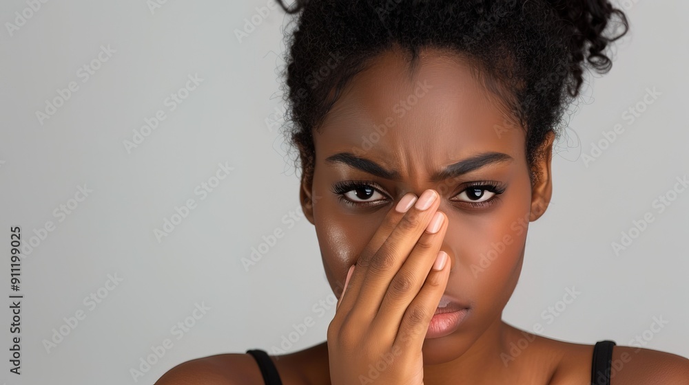 Black woman holding his nose with a hand, disgusted and unhappy face ...