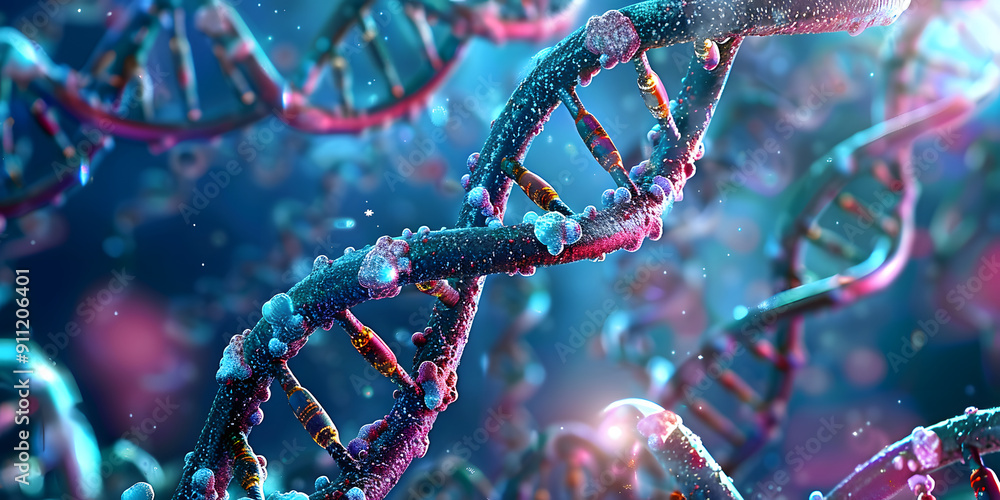 Microscopic illustration of DNA double helix structure, highlighting ...