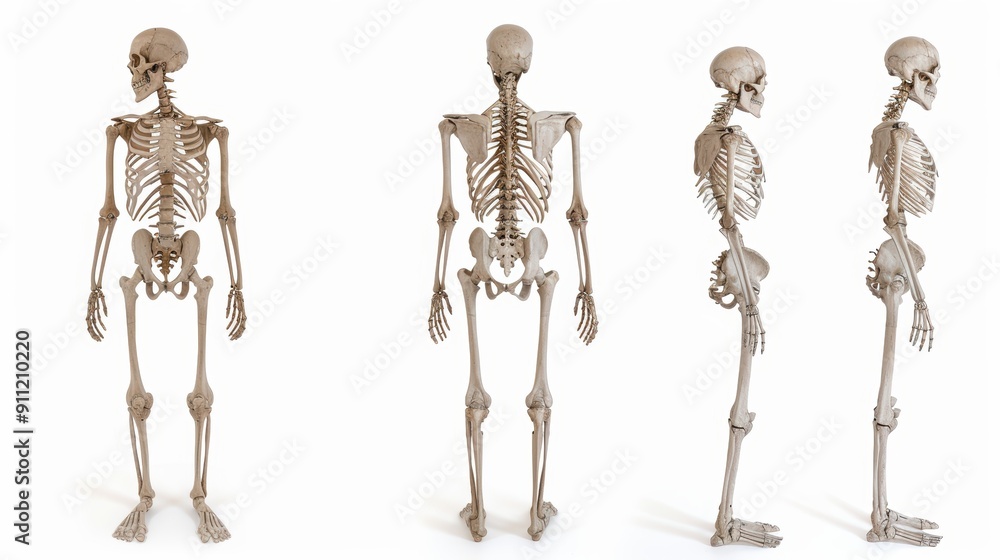Three different poses of a human skeleton model highlight the complex ...
