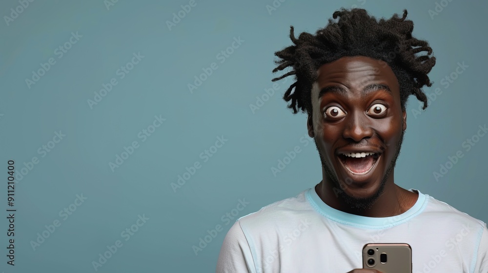Beautiful black man excited surprise face expression, holding ...
