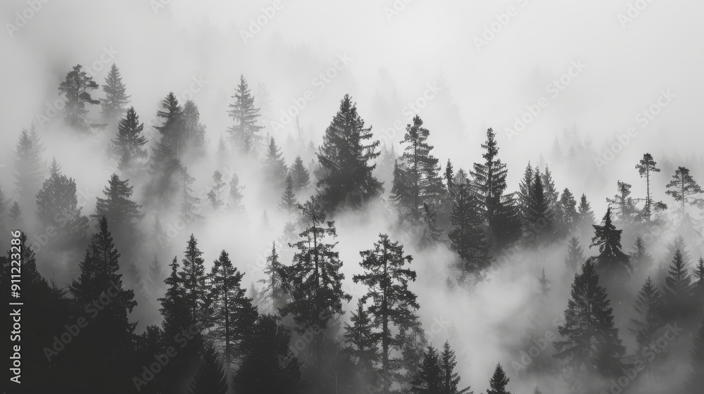 A monochrome background featuring a misty forest scene in black and white, with tall trees ...