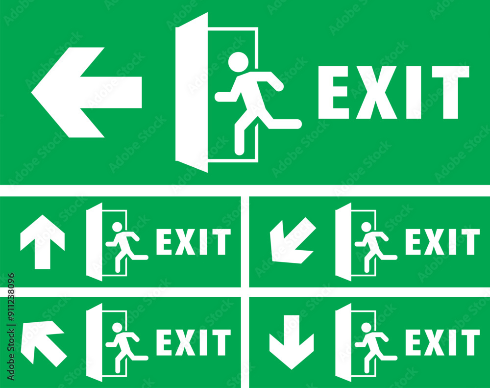 Emergency exit sign set, running man icon to door, green color, arrow ...