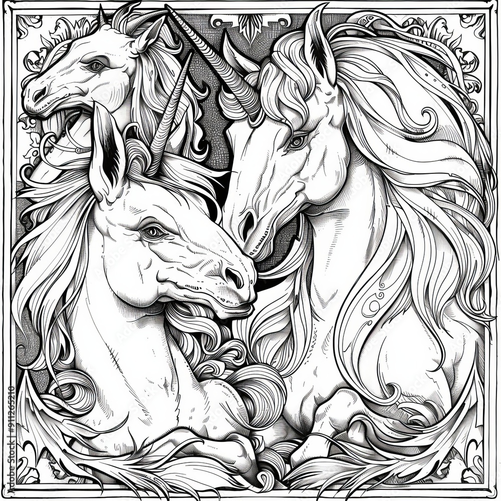 printable fantasy coloring page with dragons and unicorns , free ...