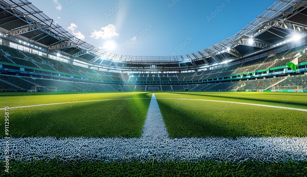 A wide angle photo of an outdoor soccer stadium with fans, grass field ...