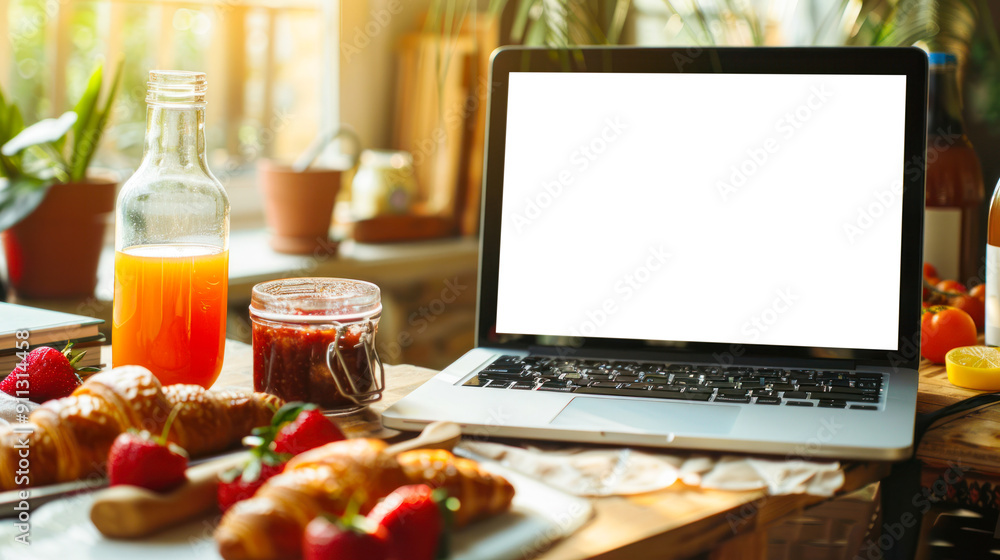Laptop computer with mockup white screen on table with breakfast: juice ...