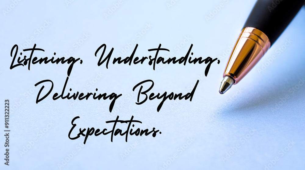 Listening, understanding, delivering beyond expectations text with close up pen background ...