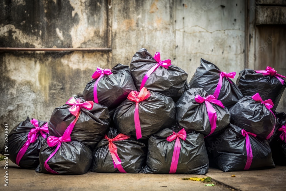 Colorful pink ribbons adorn a stack of black garbage bags leaning ...