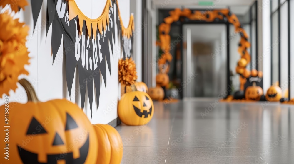 Office entrance with a Halloween archway, decorated with spooky ...
