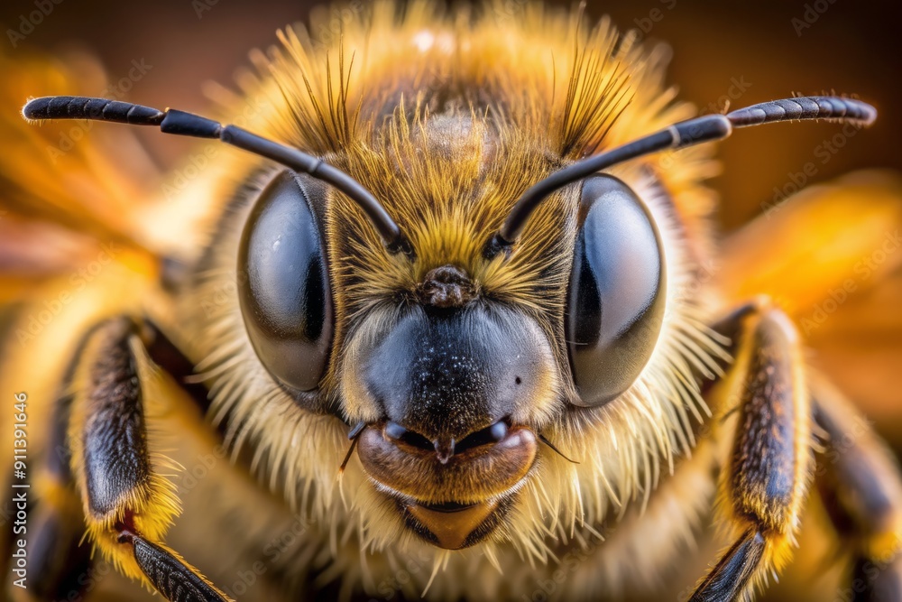 Macro extreme close-up of a honey bee's head, showcasing intricate ...