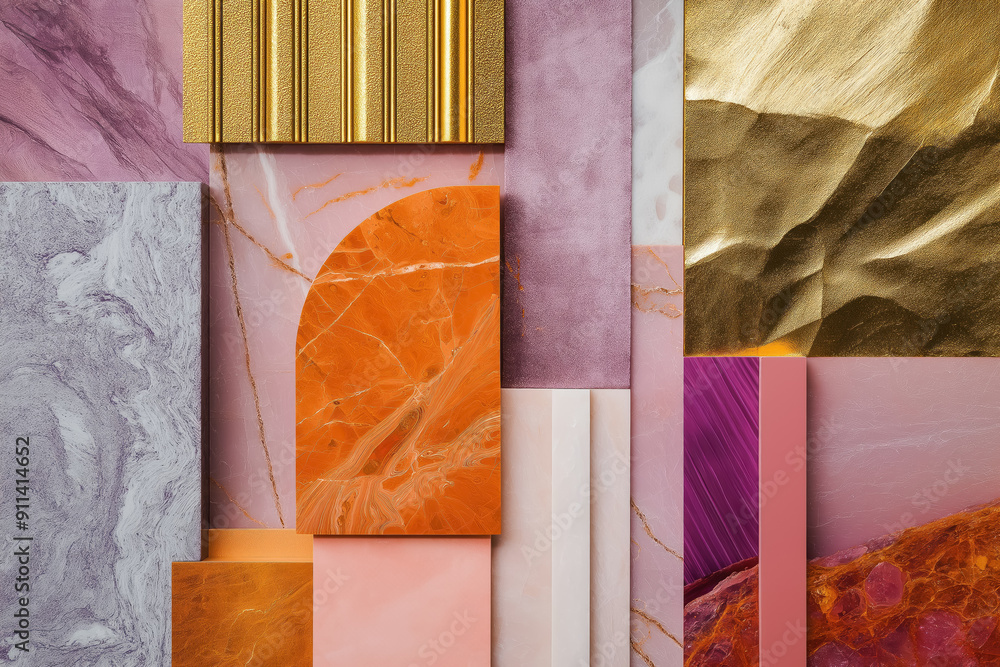 luxurious interior design sample moodboard with marble in coral purple ...