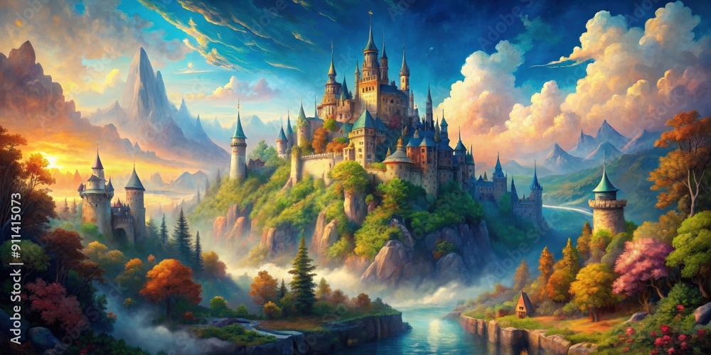 Majestic fantasy world with castles, forests, and mythical creatures in ...